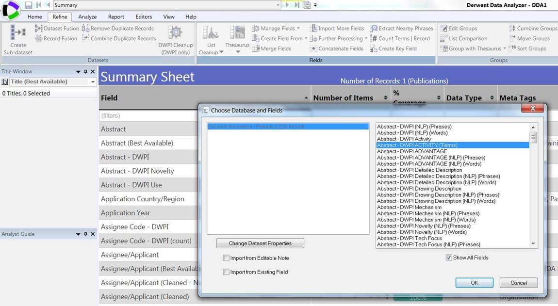 Derwent Data Analyzer : Set a field as Primary fields to be imported