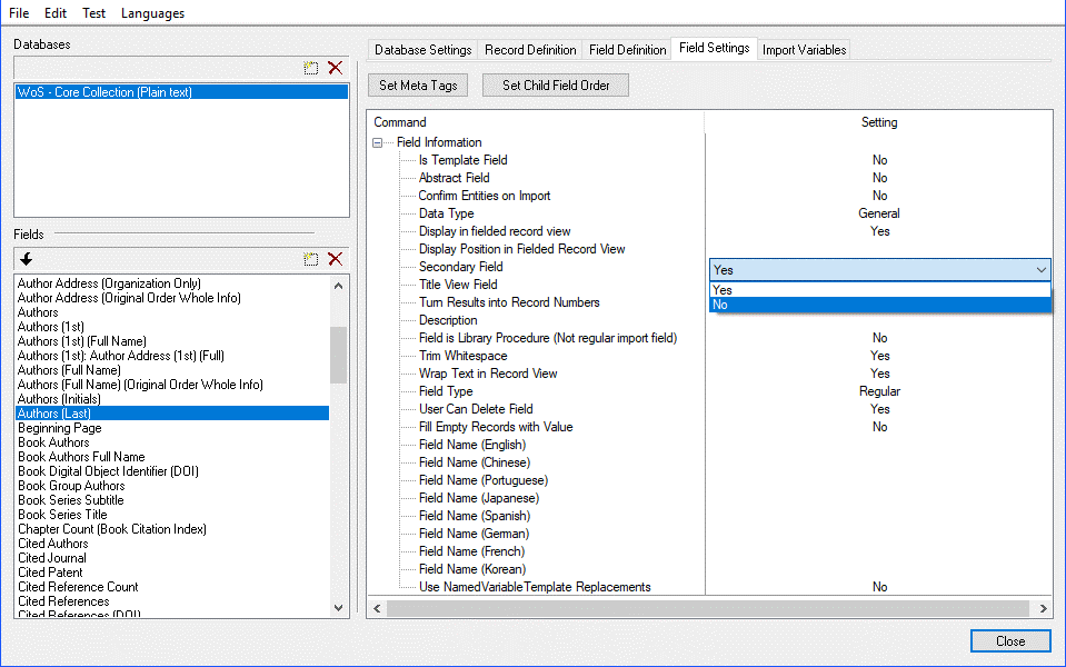 Derwent Data Analyzer : Set a field as Primary fields to be imported